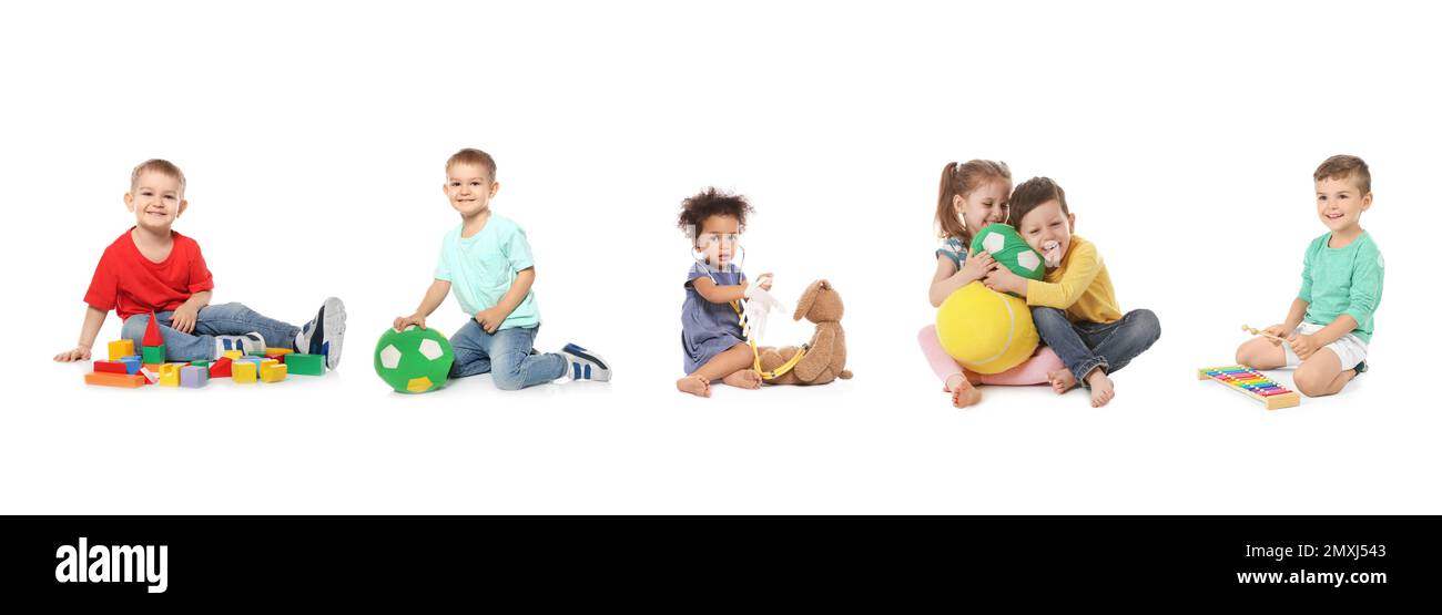 Collage of cute little children playing on white background. Banner ...