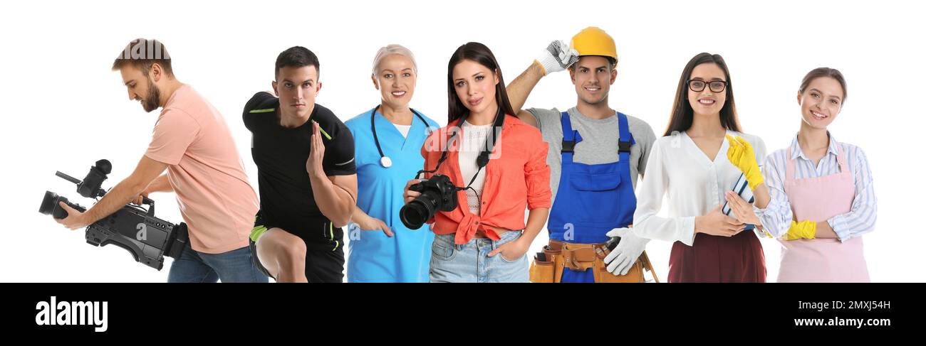 Career choice. People of different professions on white background ...