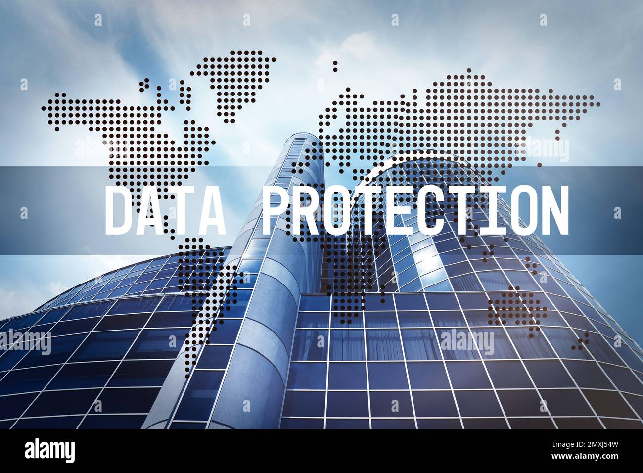 Text DATA PROTECTION, world map and modern building on background Stock ...