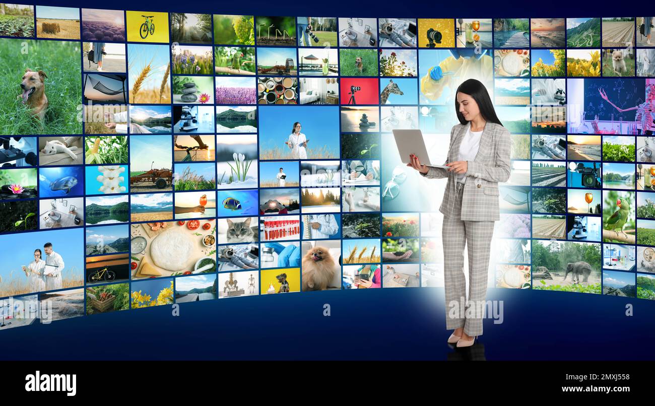 Media library concept. Woman with laptop using virtual video gallery ...