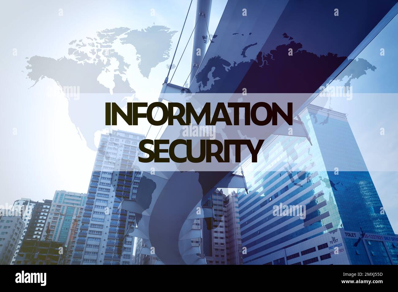 Text INFORMATION SECURITY, world map and cityscape on background Stock ...