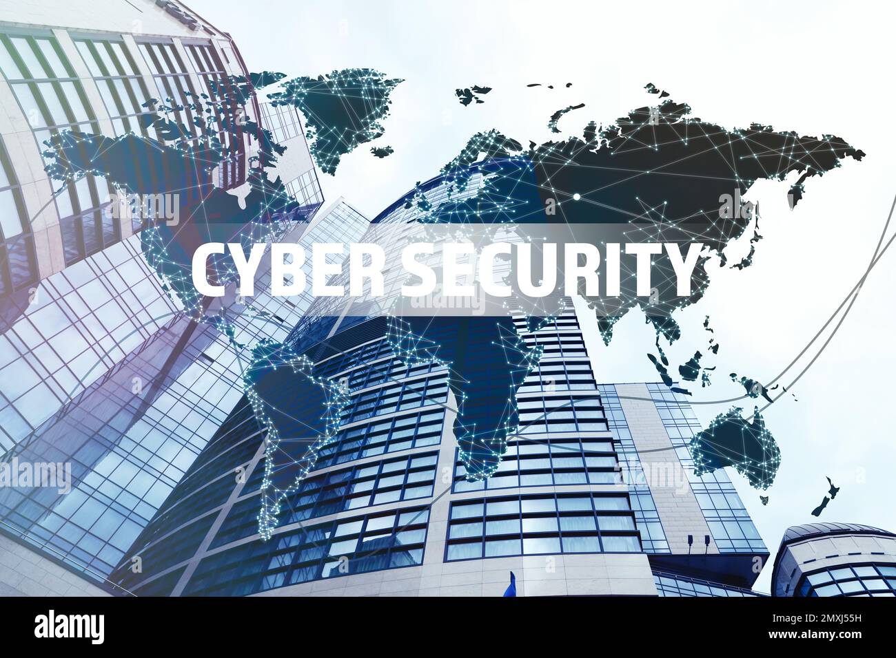 Text CYBER SECURITY, world map and modern buildings on background Stock ...