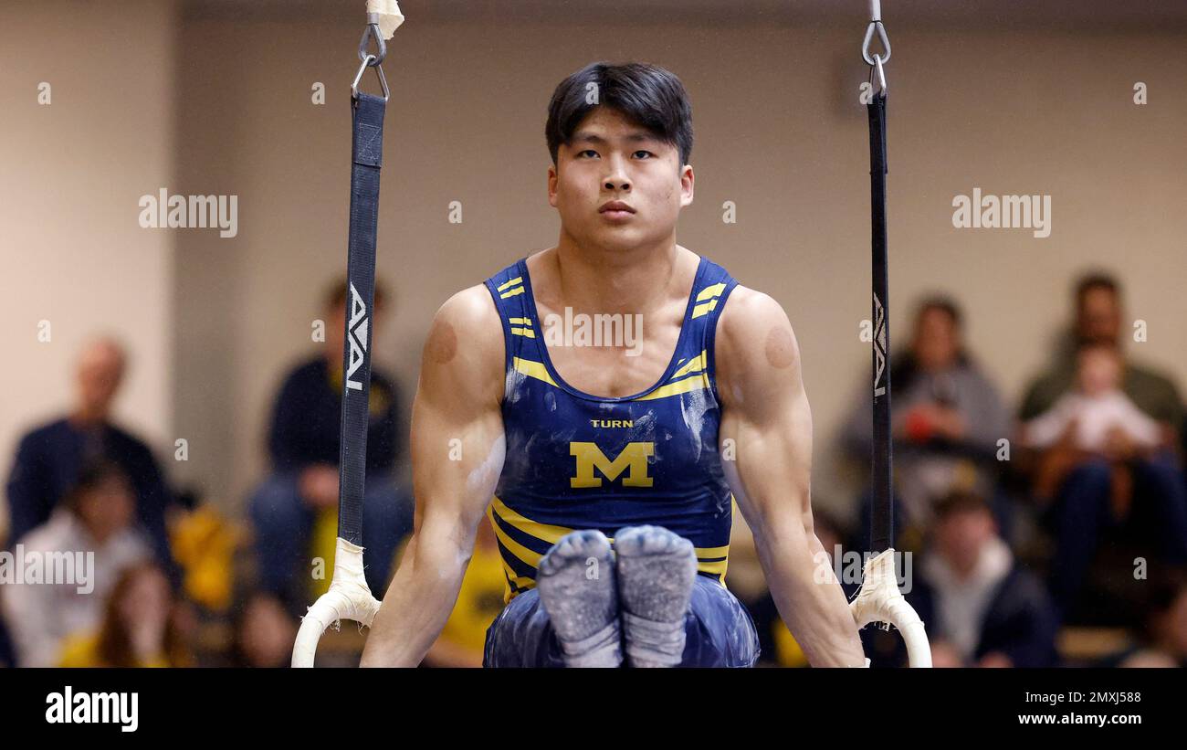 Michigan's David Willett competes in the rings during an NCAA ...