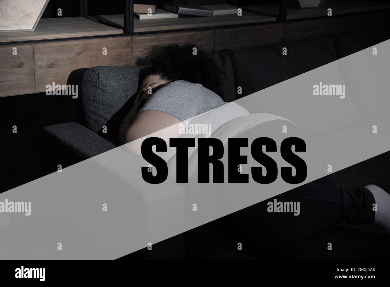 Word STRESS and overweight woman sleeping on sofa at home Stock Photo ...