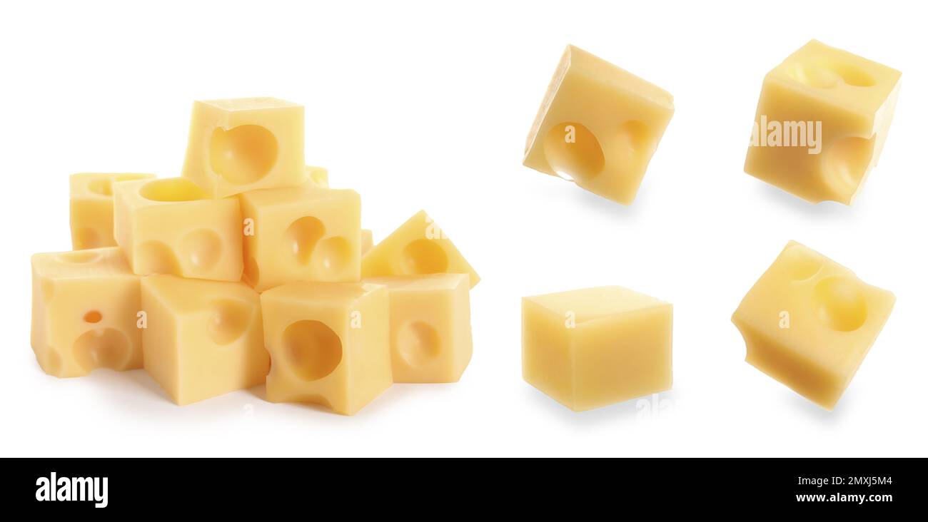Set of delicious cheese cubes on white background. Banner design Stock ...