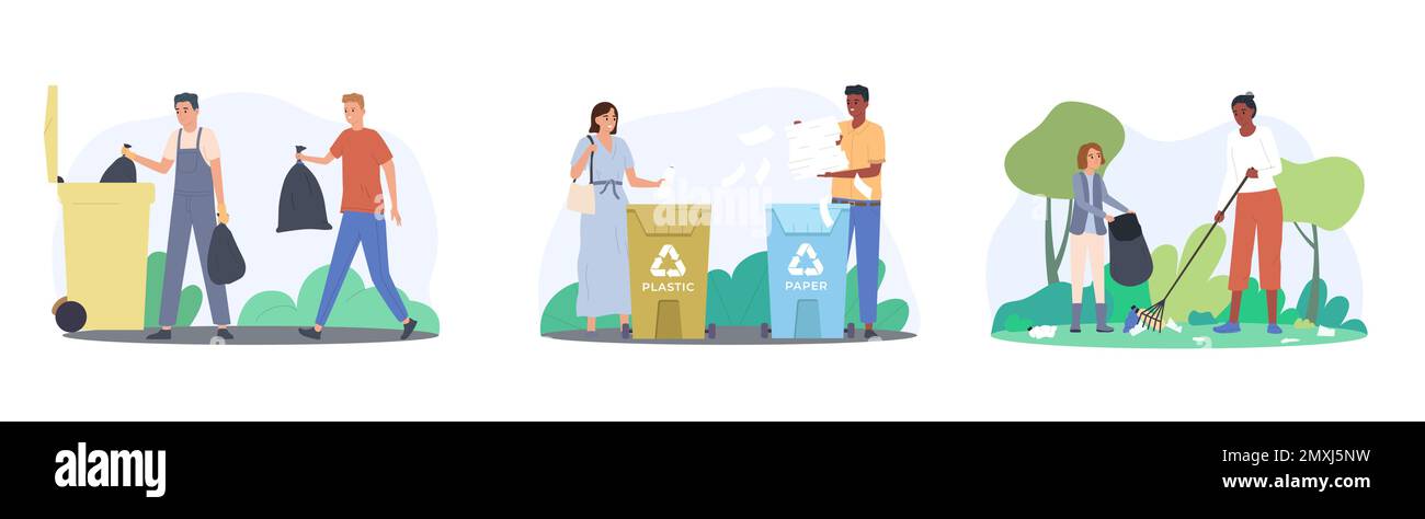 People picking and sorting waste flat composition set isolated vector ...
