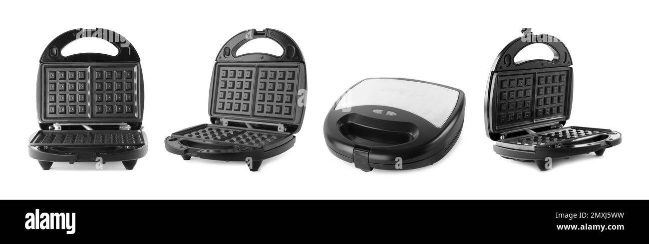 Set with modern electric waffle makers on white background. Banner ...