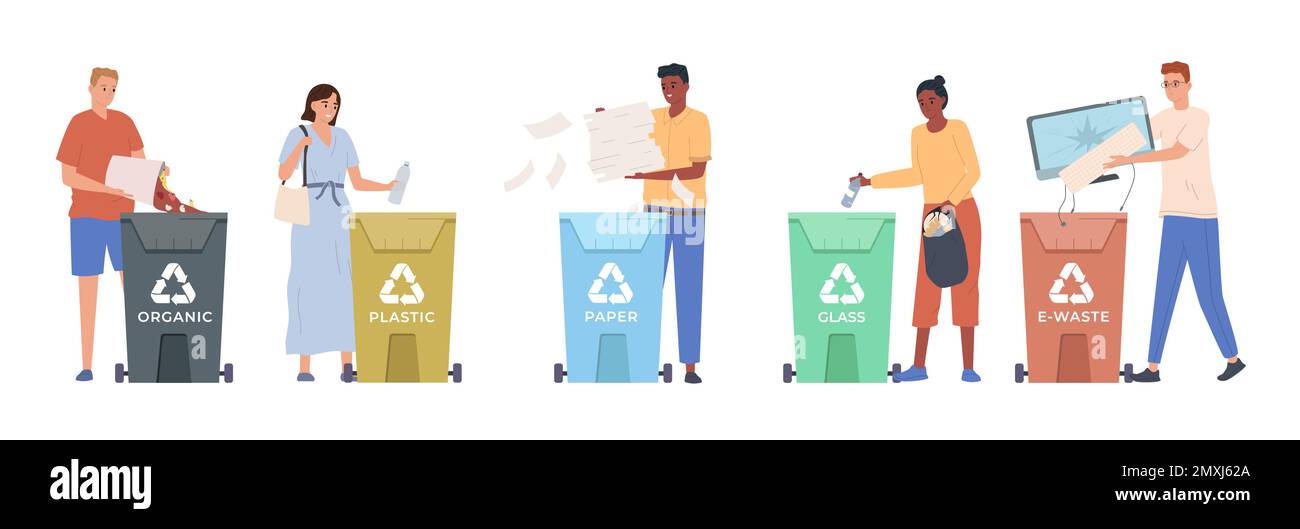 People sorting waste into different recycling containers flat vector illustration Cut Out Stock ...