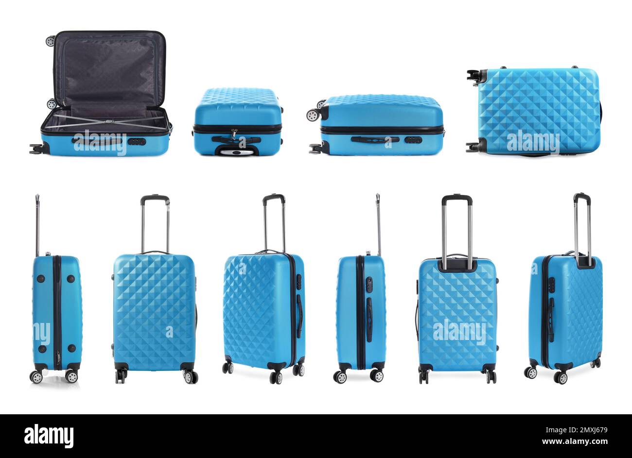 Set of blue suitcases on white background Stock Photo - Alamy