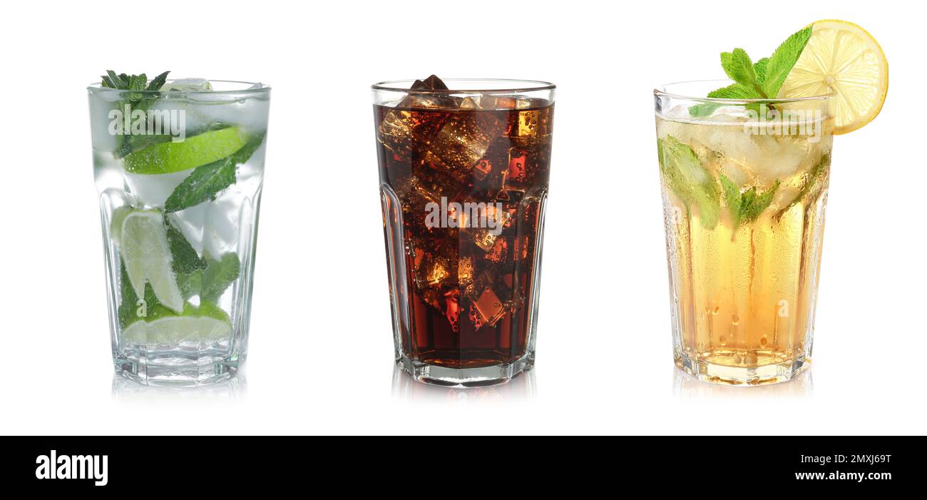 Set of different refreshing drinks on white background. Banner design ...