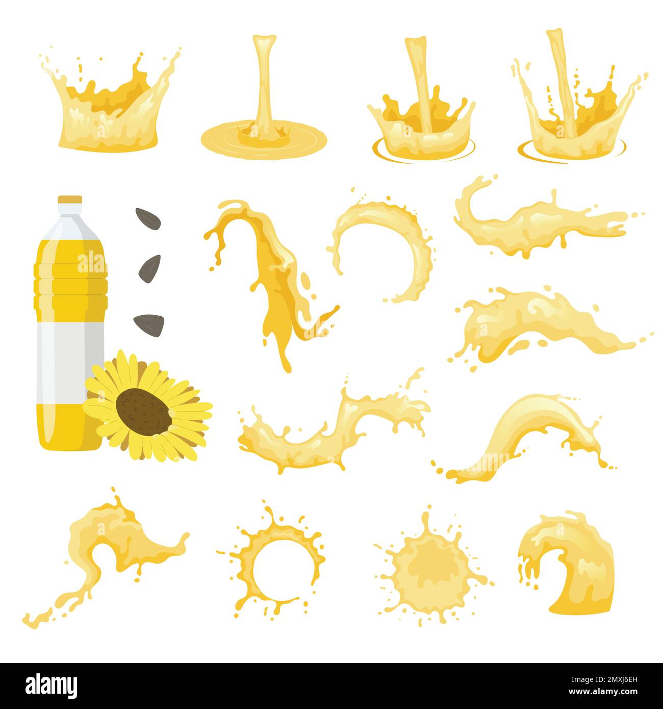 Pouring sunflower oil splashes flat icons set isolated vector ...
