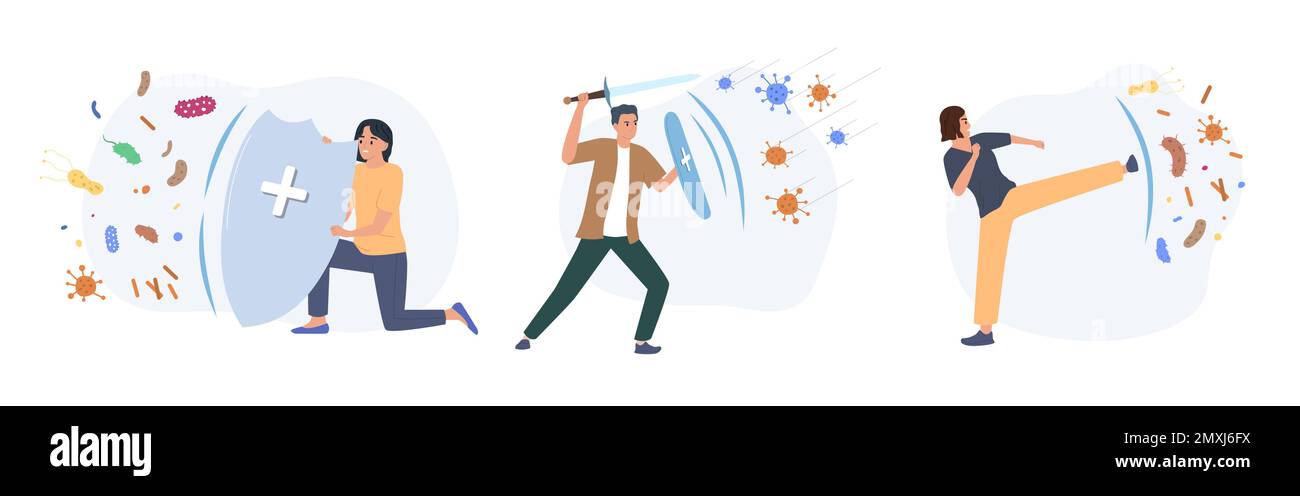 People fighting against viruses and bacteria flat scenes set isolated ...