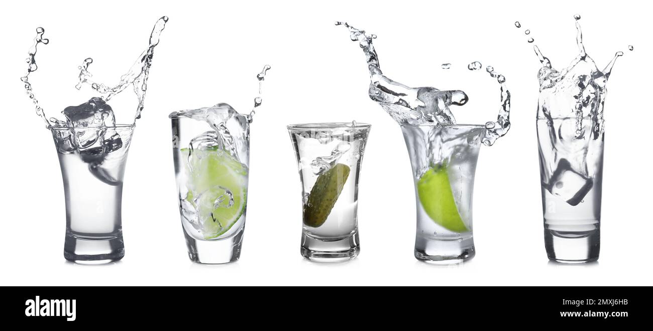 Set with shots of vodka on white background. Banner design Stock Photo ...