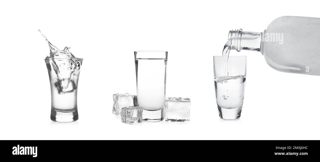 Set with shots of vodka on white background. Banner design Stock Photo ...