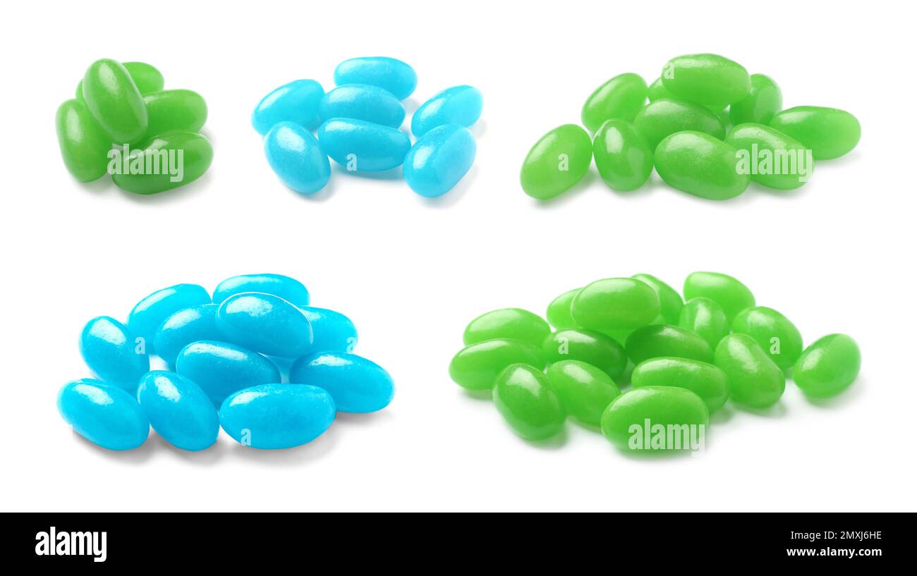 Set with delicious color jelly beans on white background Stock Photo ...
