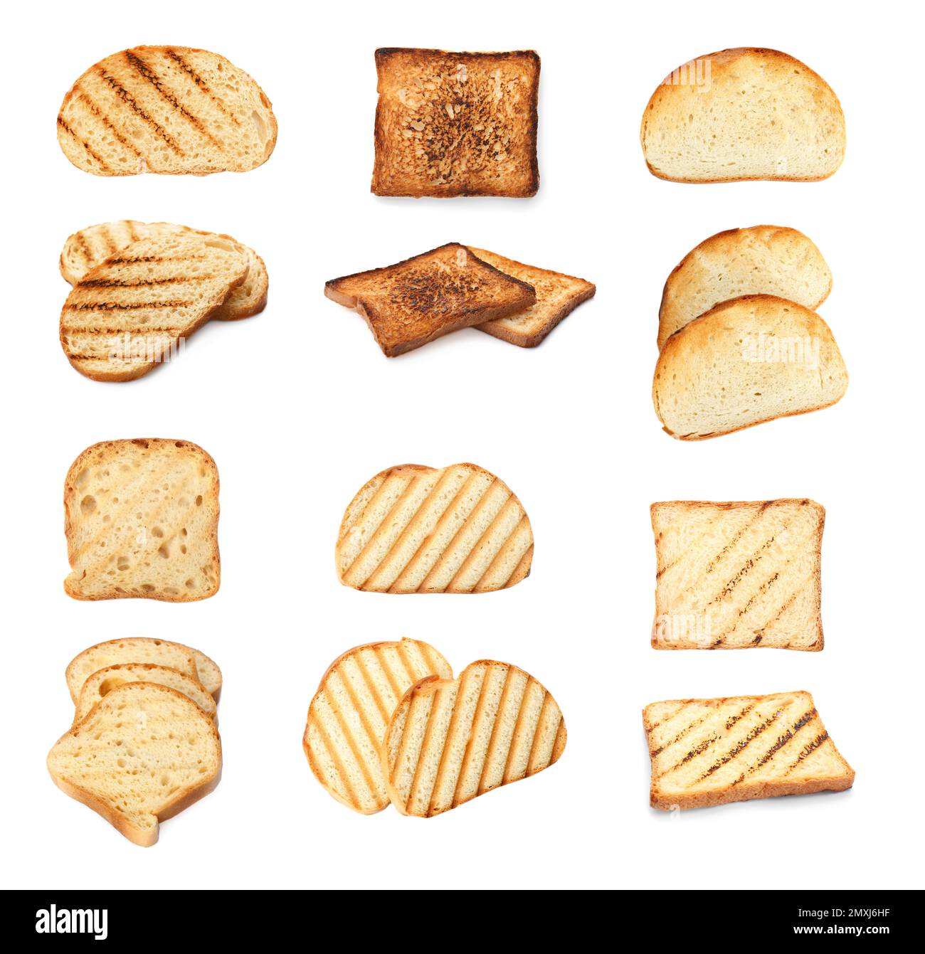 Set of toasted bread slices on white background Stock Photo - Alamy