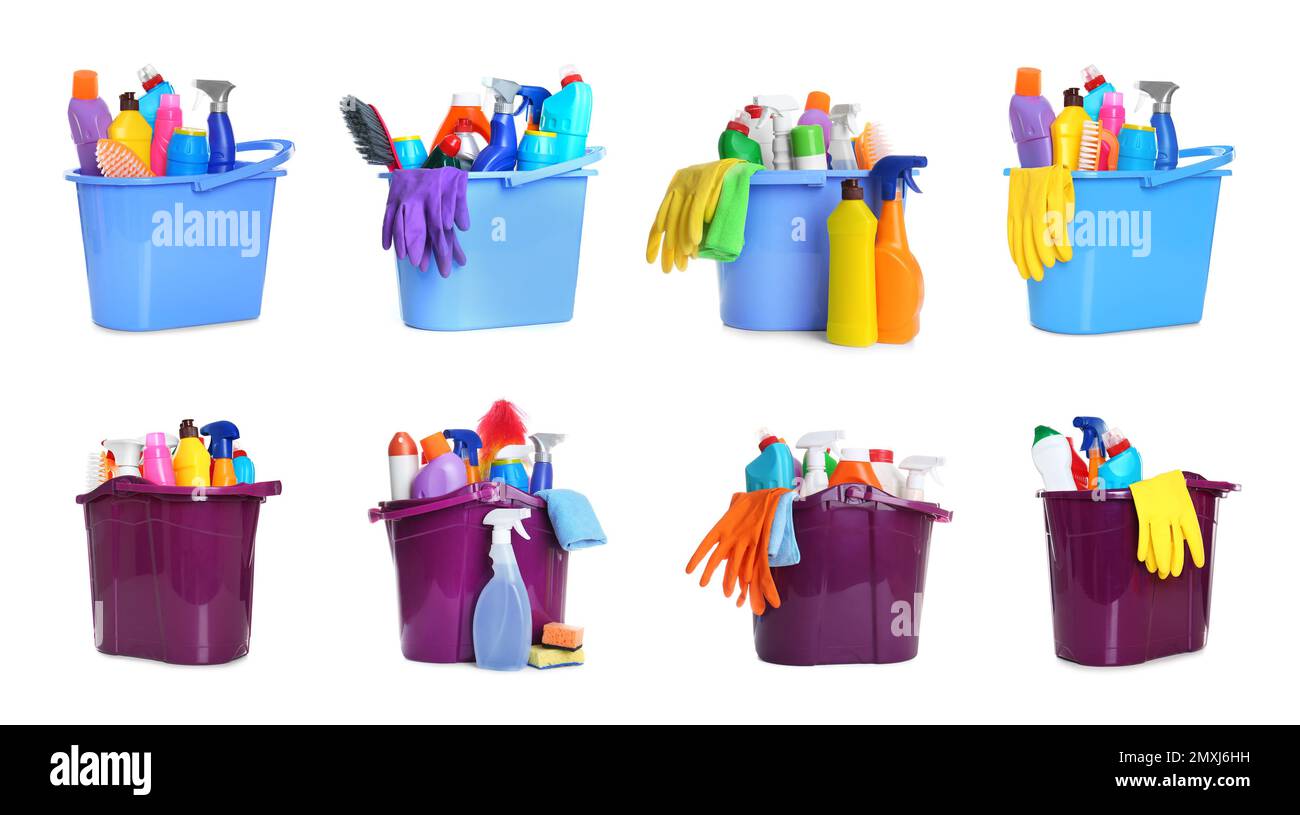 Collage of buckets with cleaning supplies on white background. Banner ...