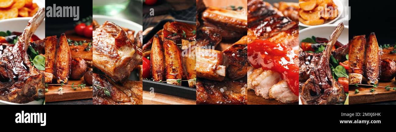 Collage with different photos of delicious grilled meat. Banner design ...