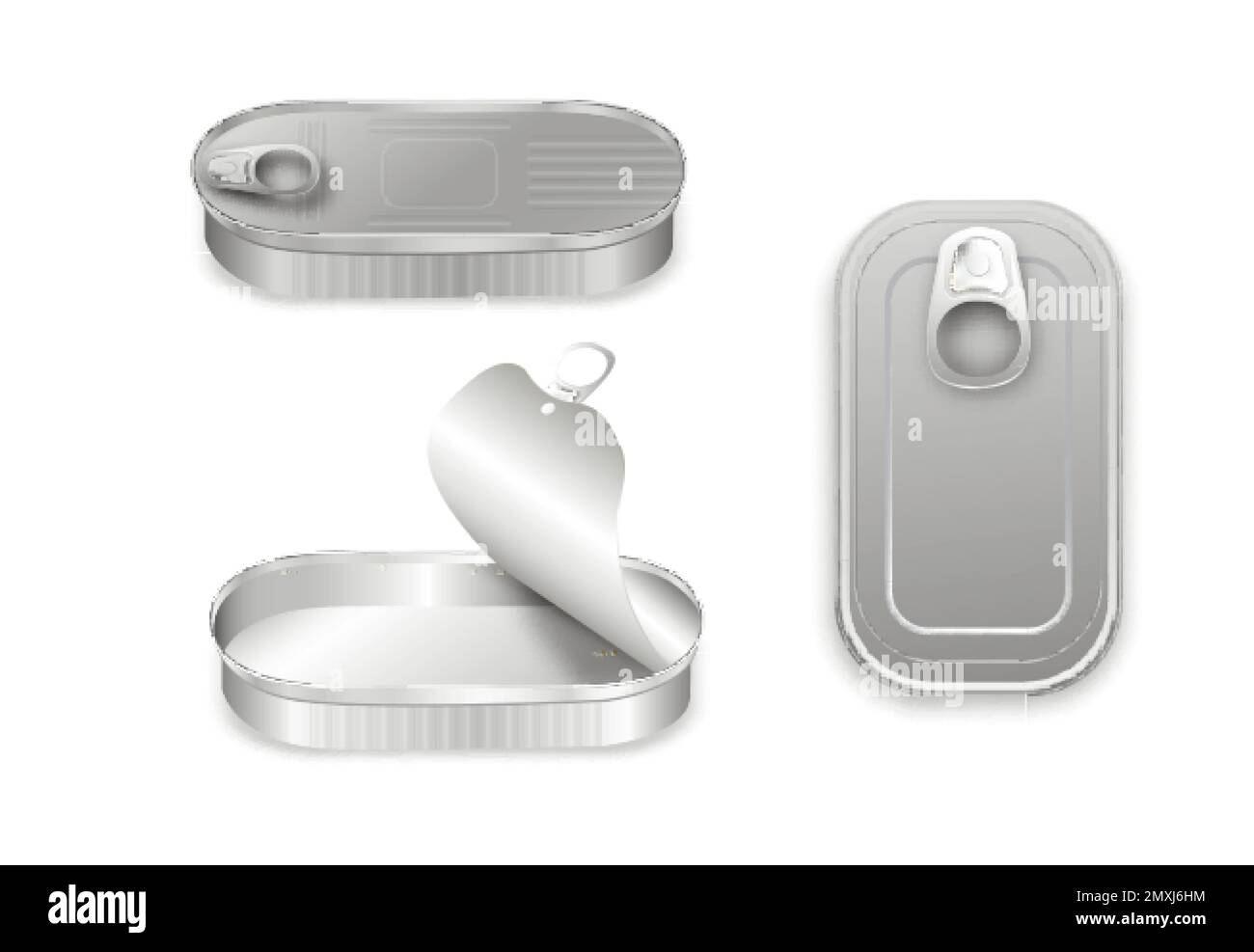 Aluminium tin can set of realistic open and closed containers with pull ...