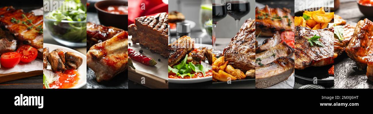 Collage with different photos of delicious grilled meat. Banner design ...