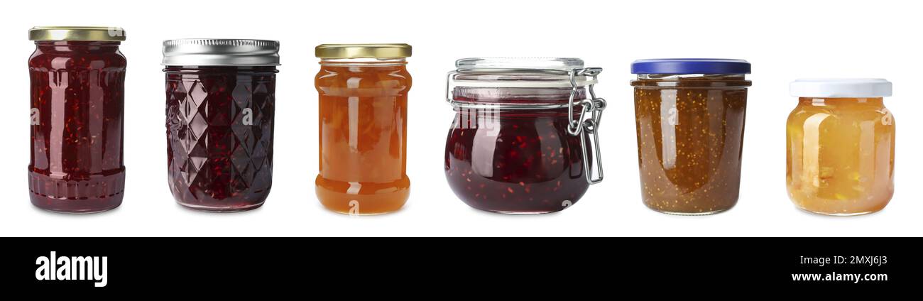 Set of jars with delicious jams on white background. Banner design ...