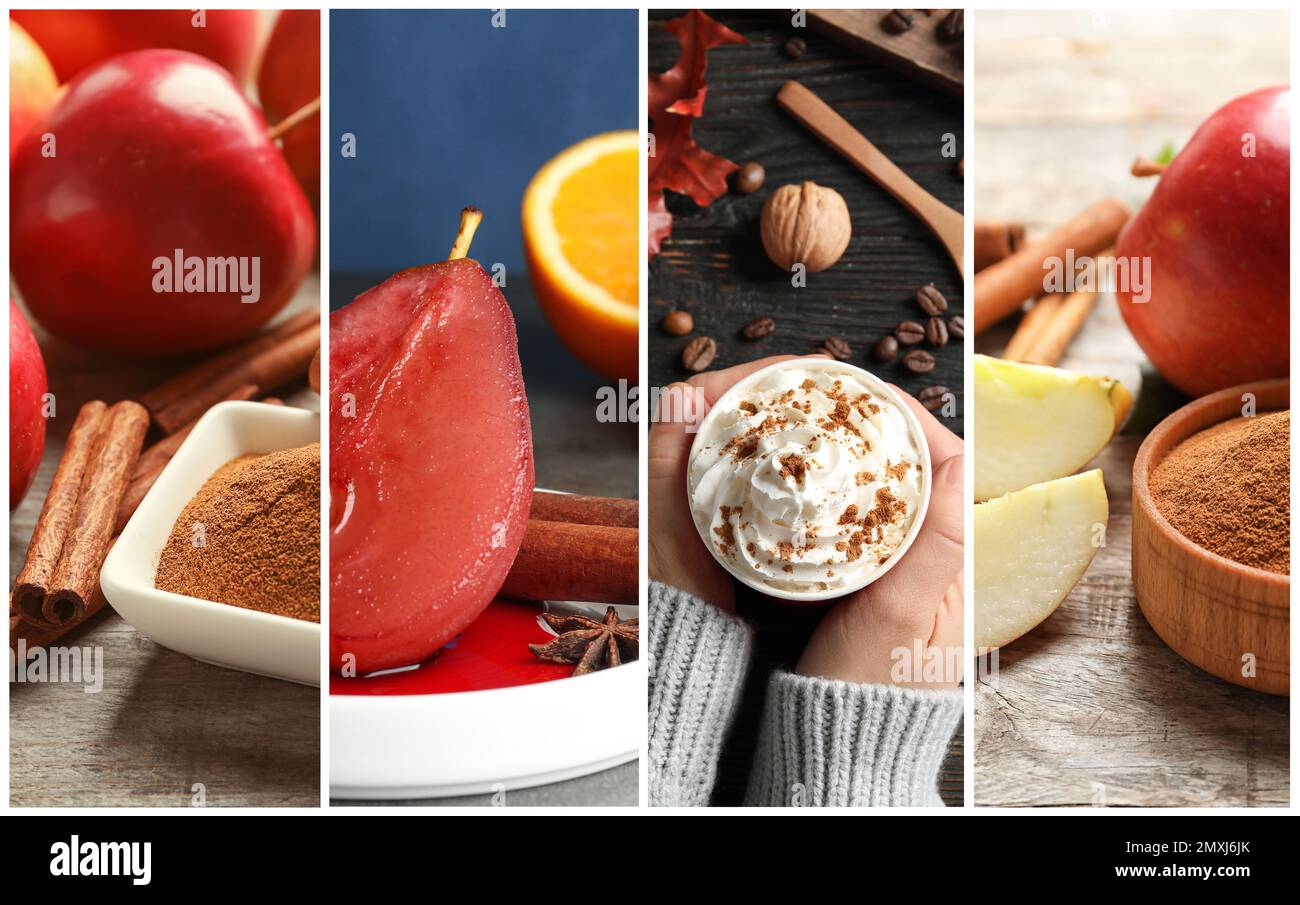 Collage of different photos with aromatic cinnamon Stock Photo - Alamy