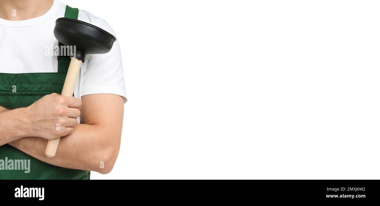 Closeup view of young plumber with force cup on white background ...