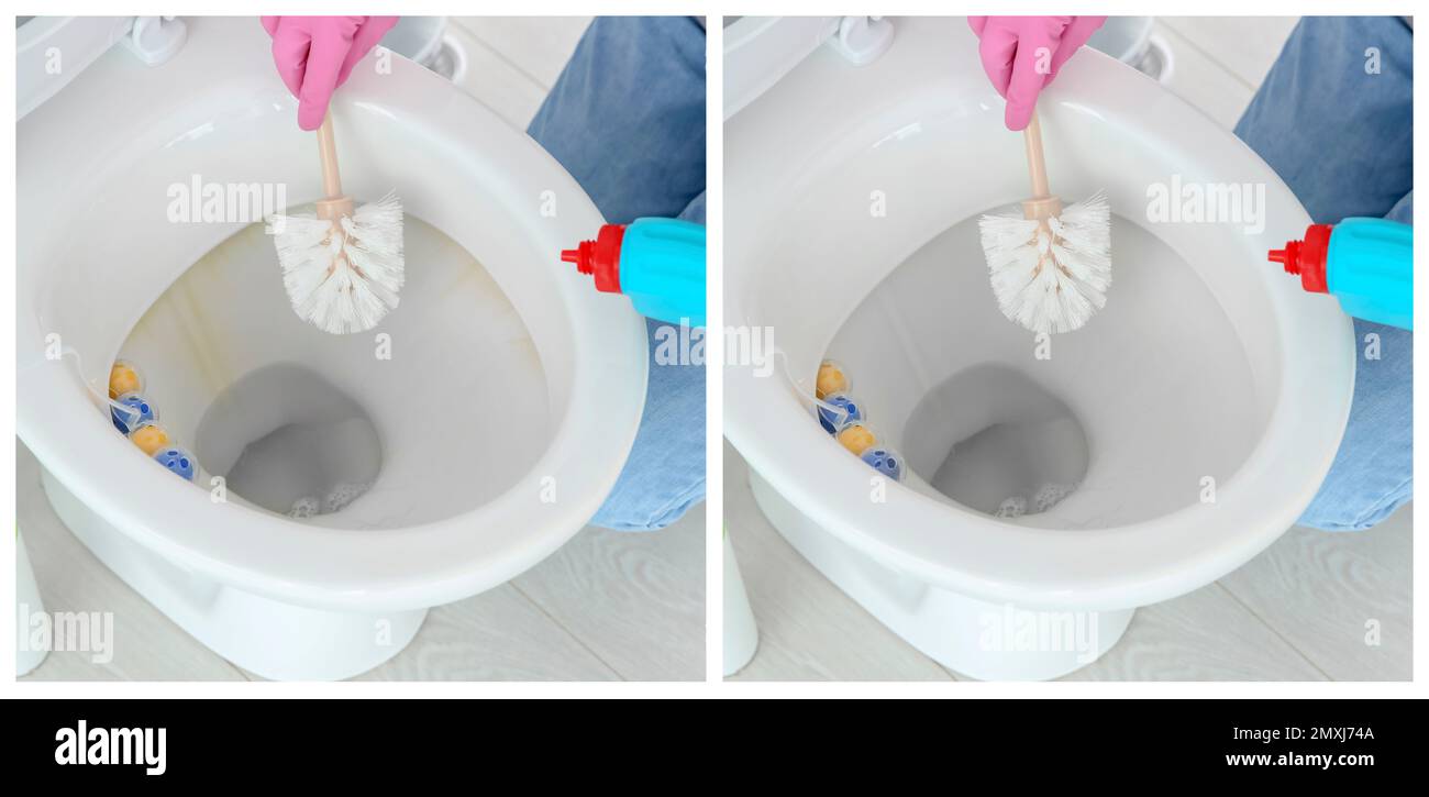 Woman Cleaning Toilet Bowl With Brush And Detergent In Bathroom Closeup Before And After Stock