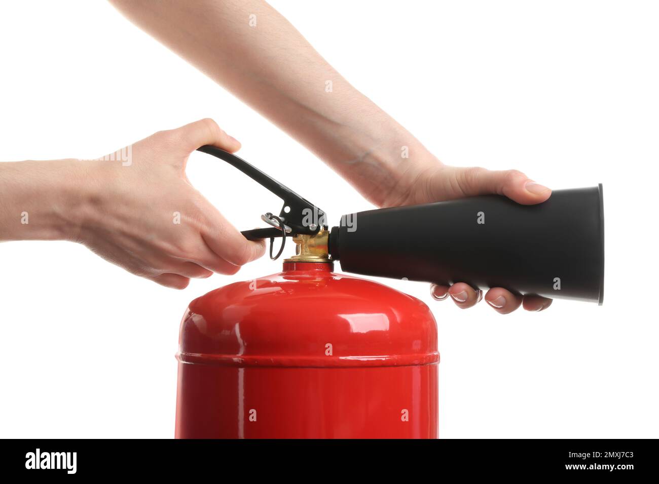 Woman using fire extinguisher on white background, closeup Stock Photo ...
