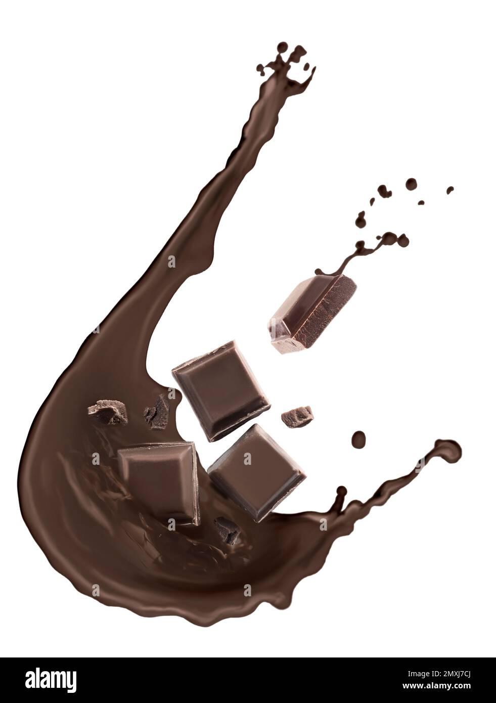 Yummy chocolate splash with falling pieces on white background Stock ...