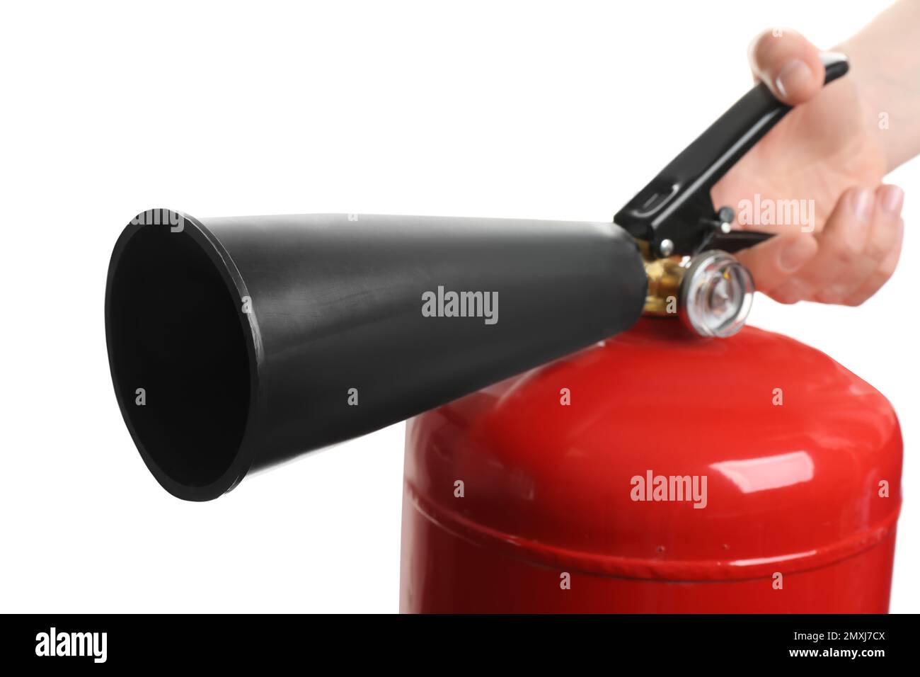 Woman using fire extinguisher on white background, closeup Stock Photo ...