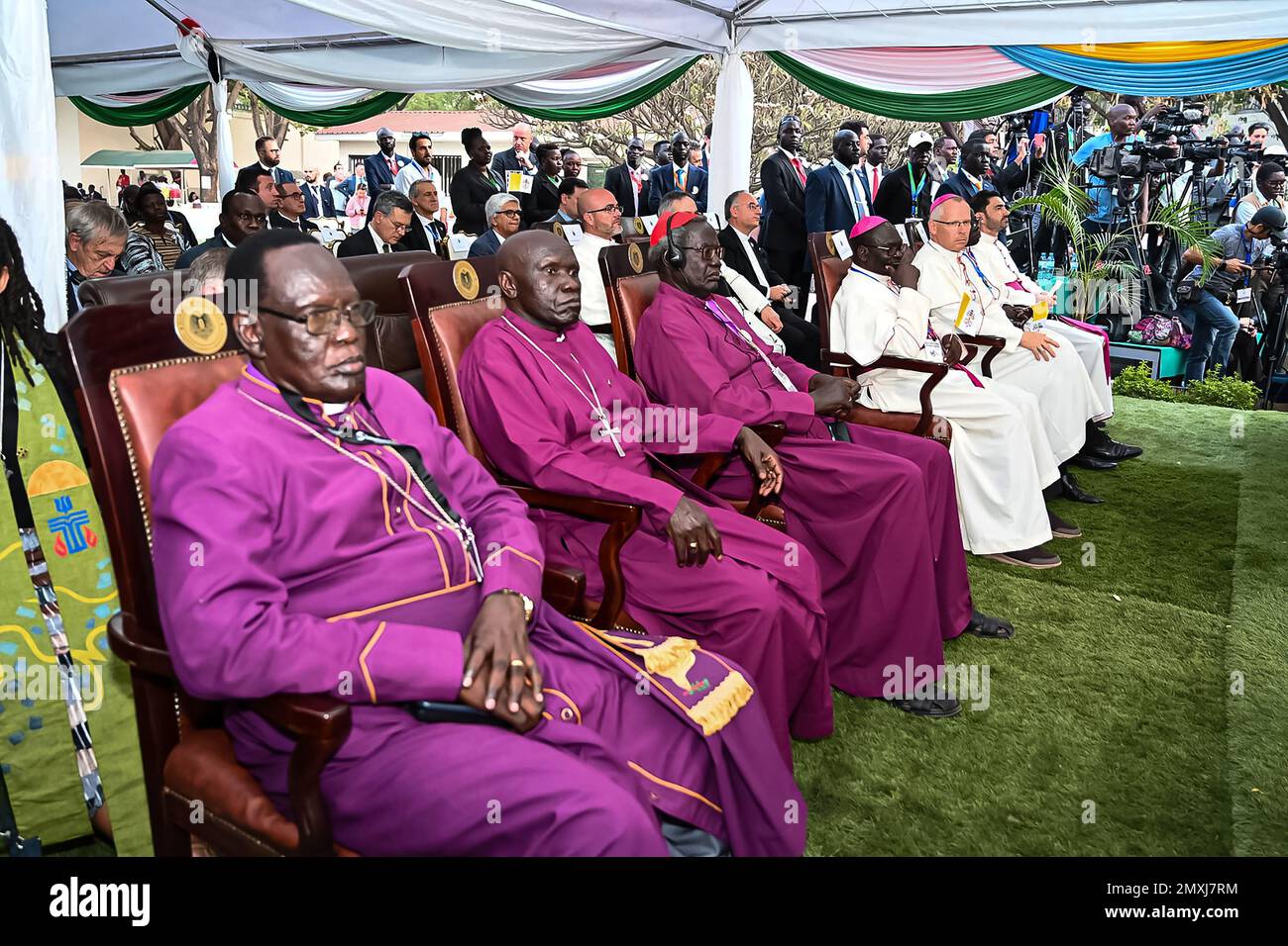 Juba, South Sudan. 03rd Feb, 2023. Clergymen are seen as Pope Francis (not seen) attends a ...