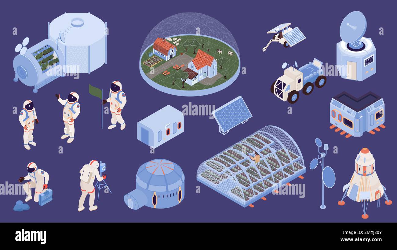 Space colonization set with settlement symbols isometric isolated ...