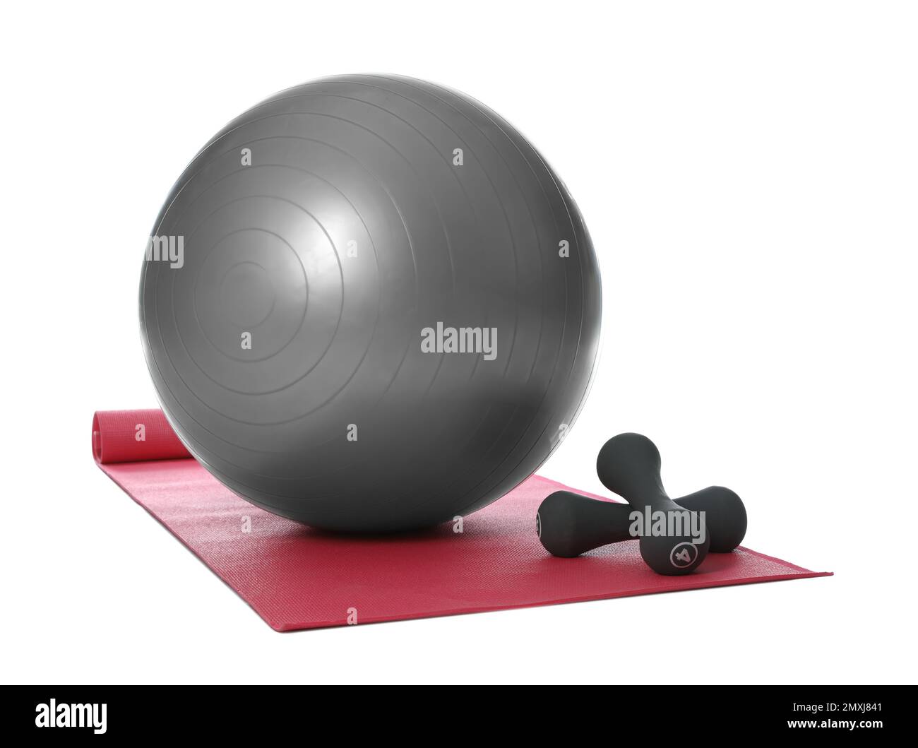 Fitness ball, dumbbells and yoga mat isolated on white Stock Photo - Alamy