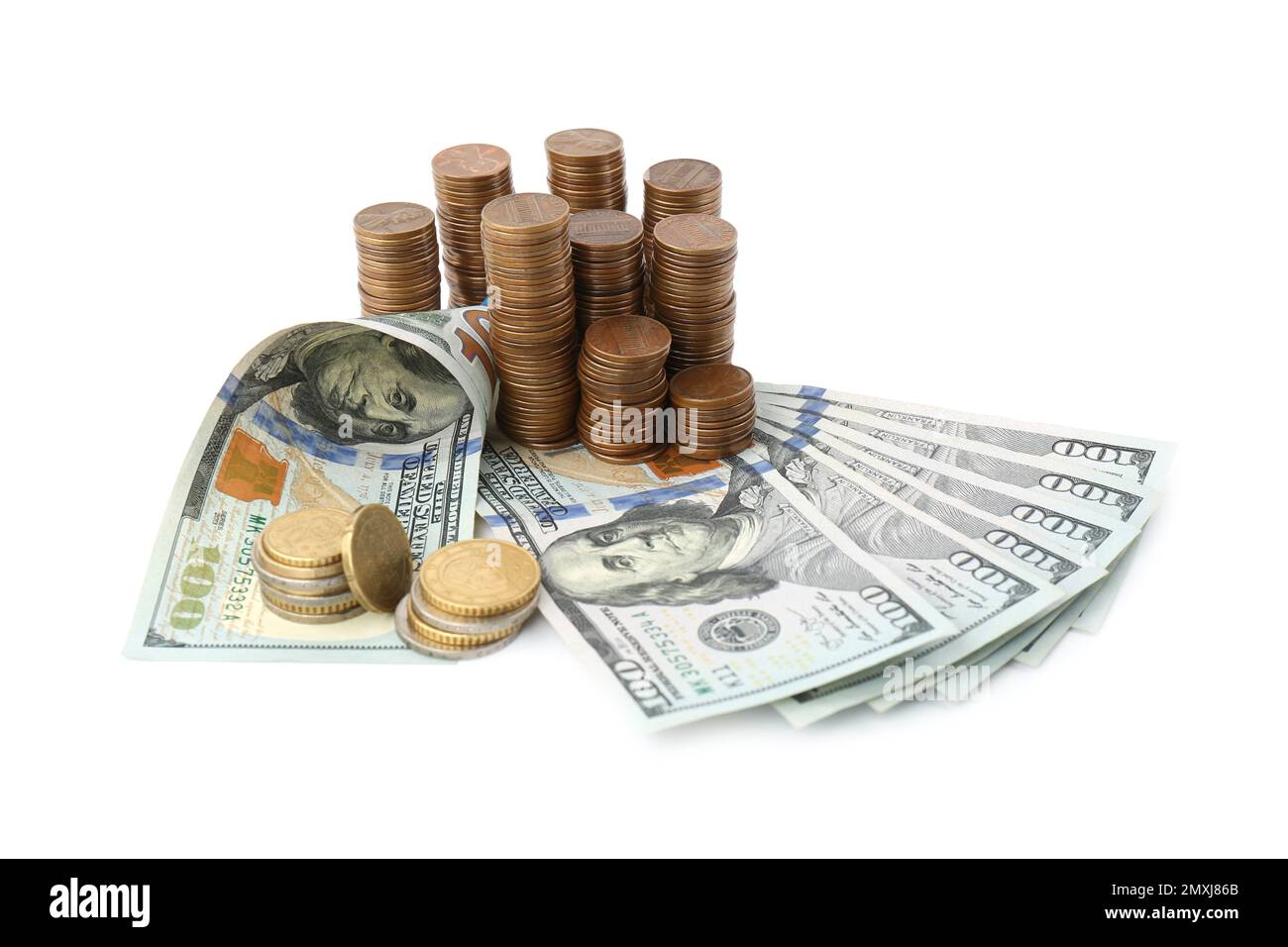 Dollar bills and coins isolated on white Stock Photo - Alamy