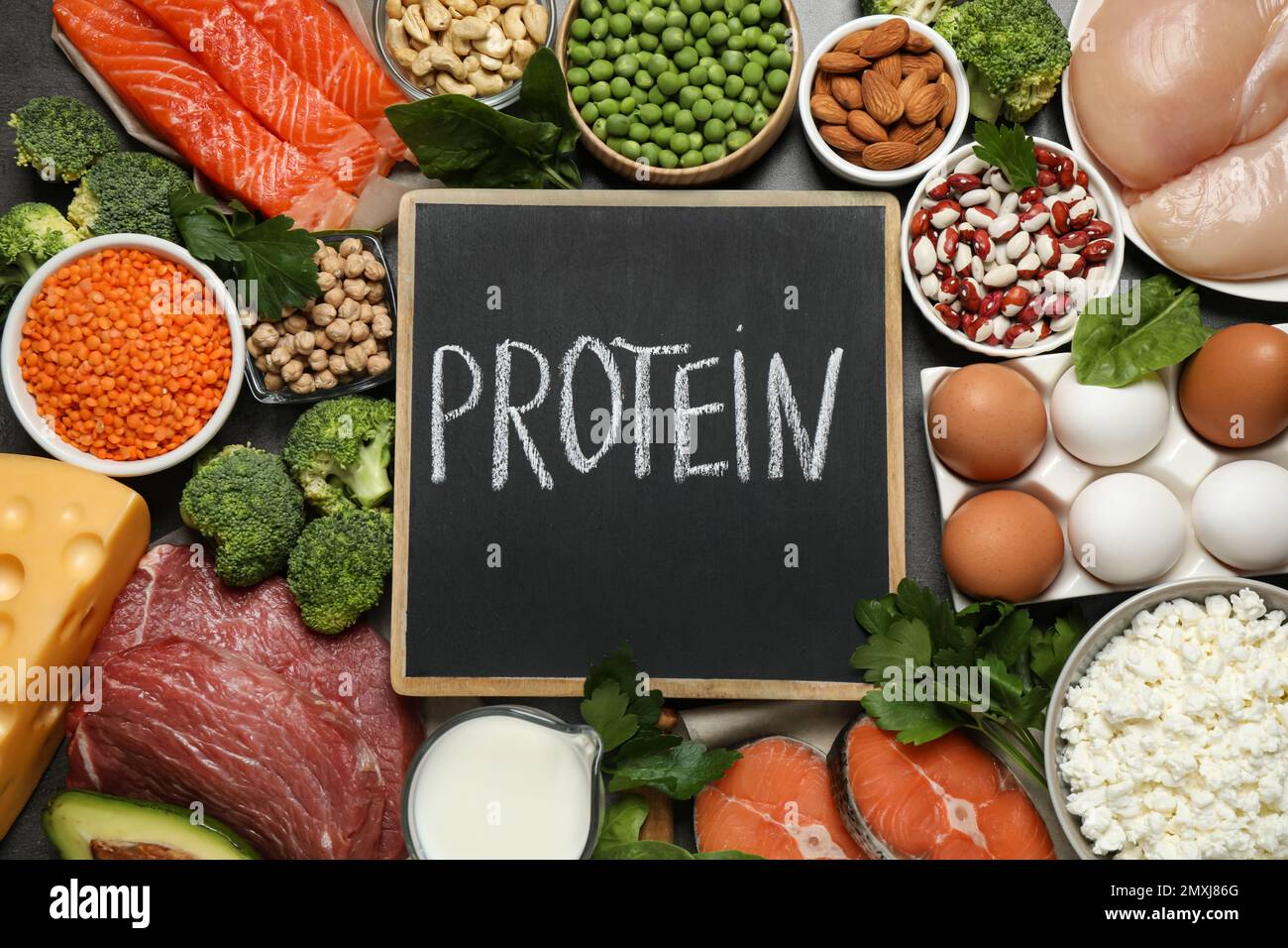 Chalkboard with word PROTEIN and different products as background, flat ...