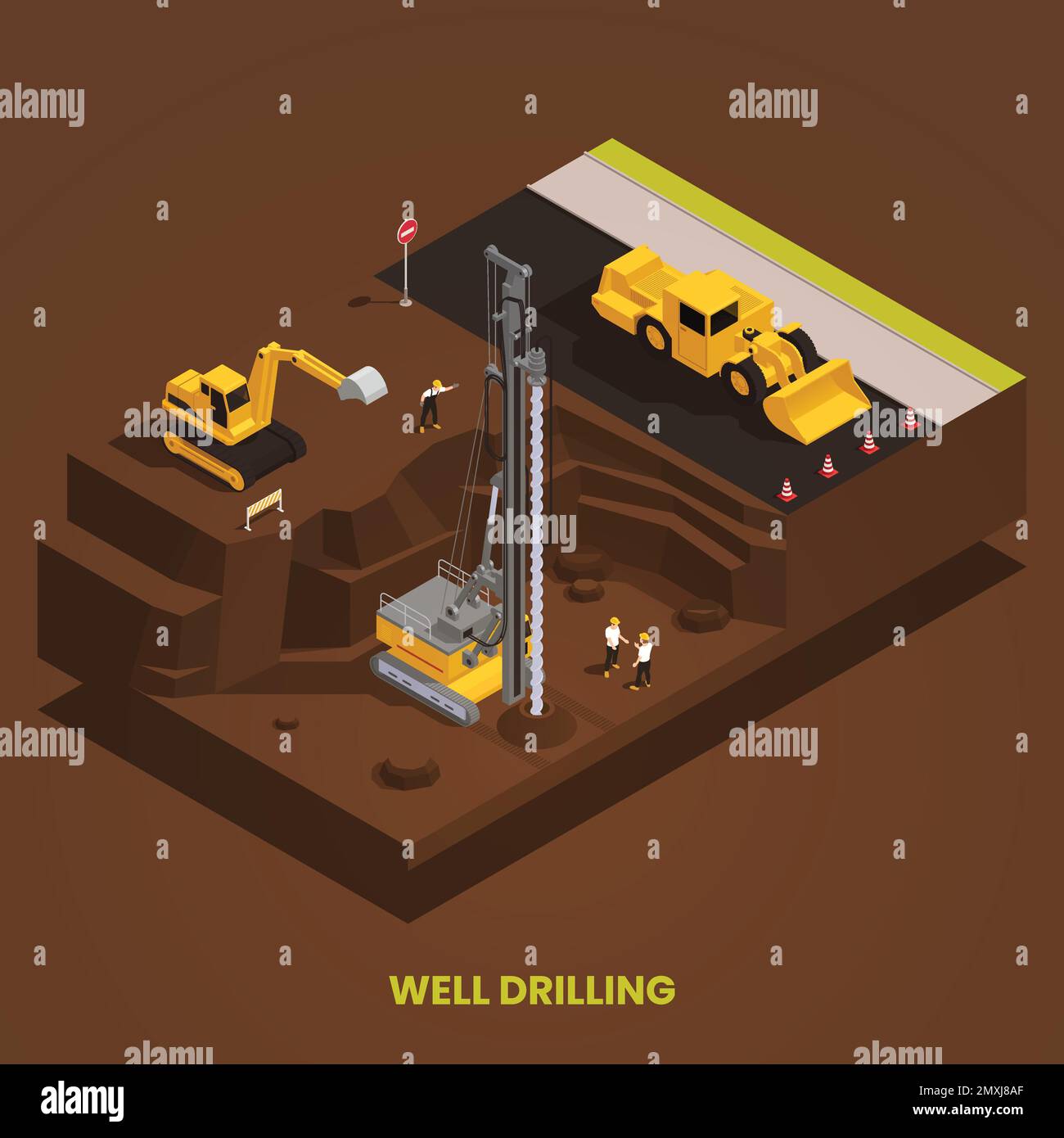 Well drilling in foundation pit with drill rig and excavator isometric ...