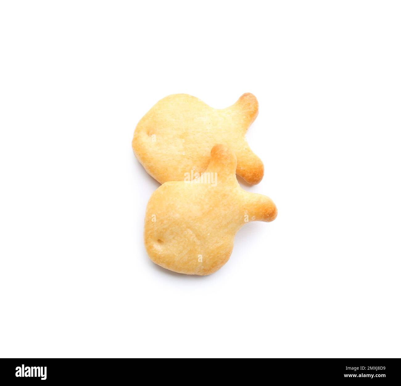 Delicious crispy goldfish crackers on white background, top view Stock ...