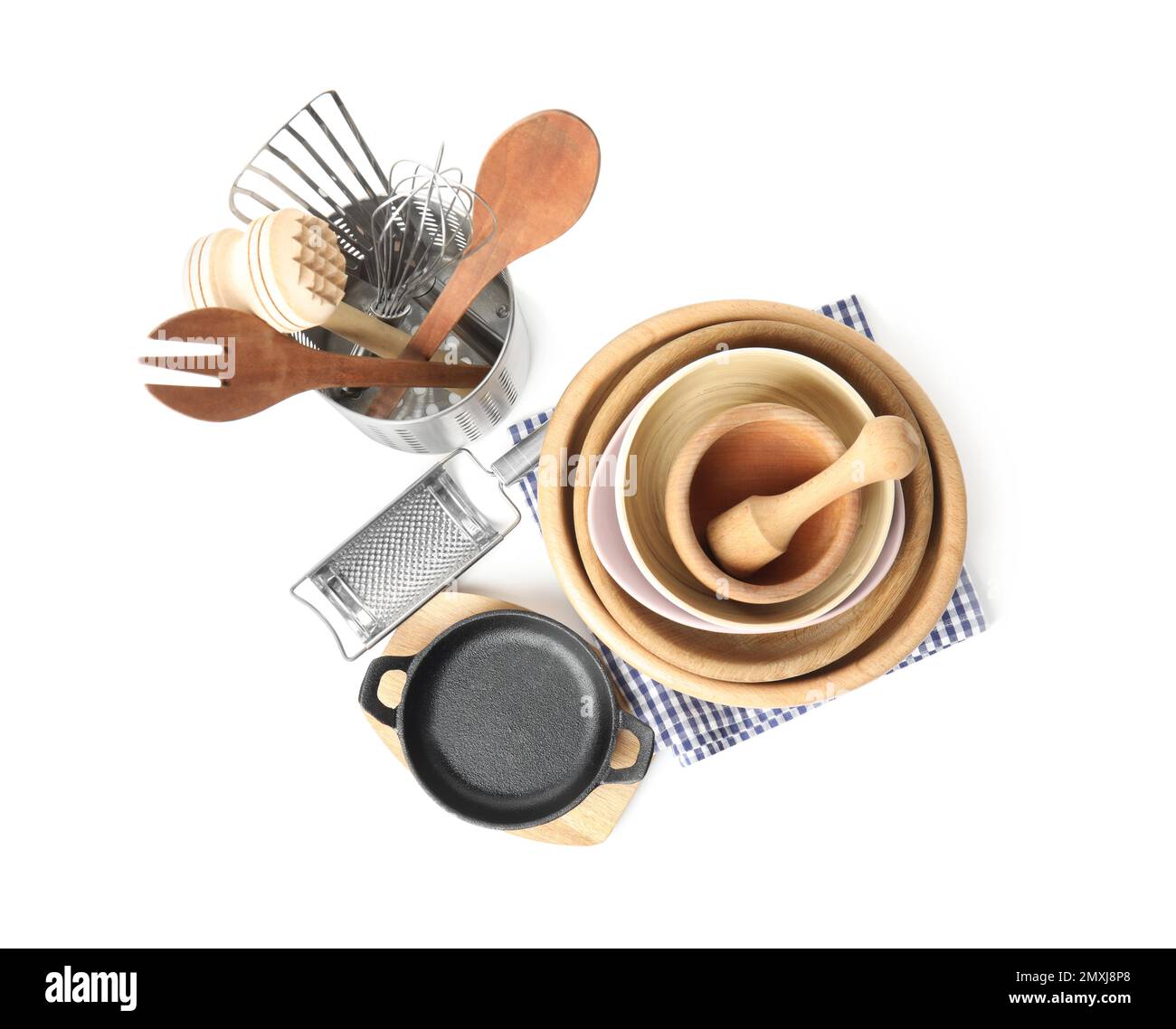 Set of different cooking utensils and dishes on white background, top ...