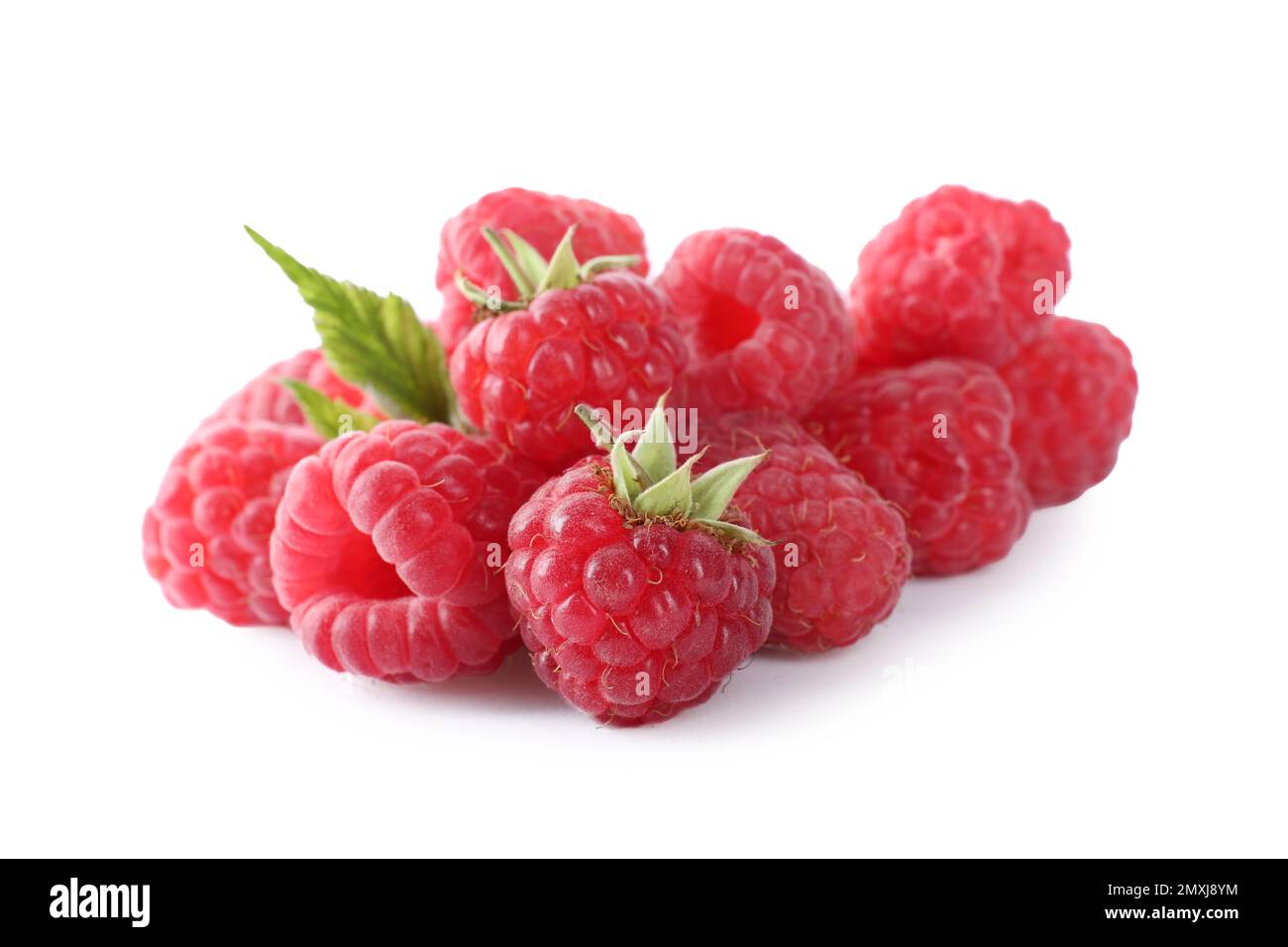 Pile of fresh ripe raspberries with leaves isolated on white Stock ...