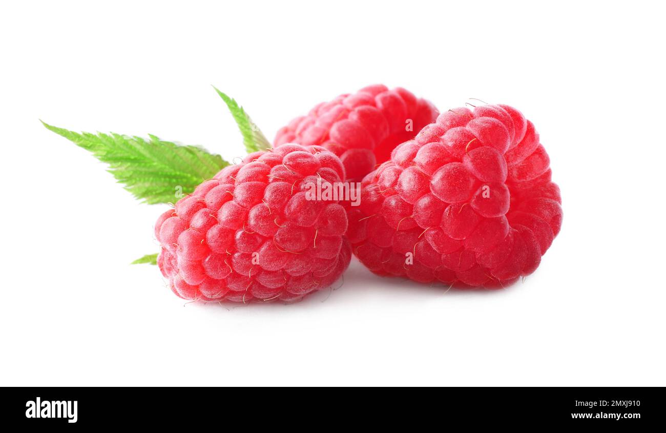 Fresh ripe raspberries with leaves isolated on white Stock Photo - Alamy