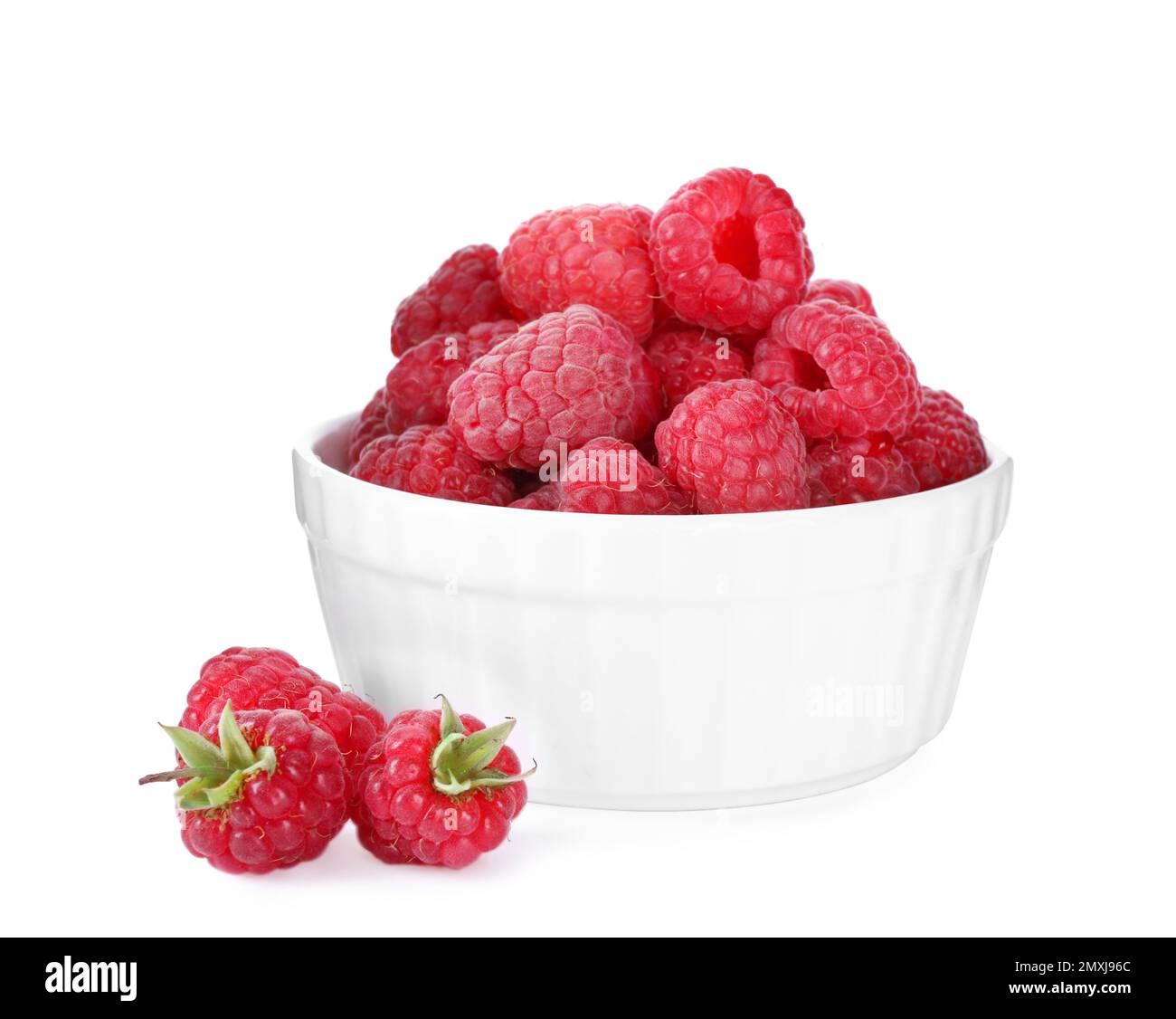 Delicious fresh ripe raspberries in bowl isolated on white Stock Photo ...