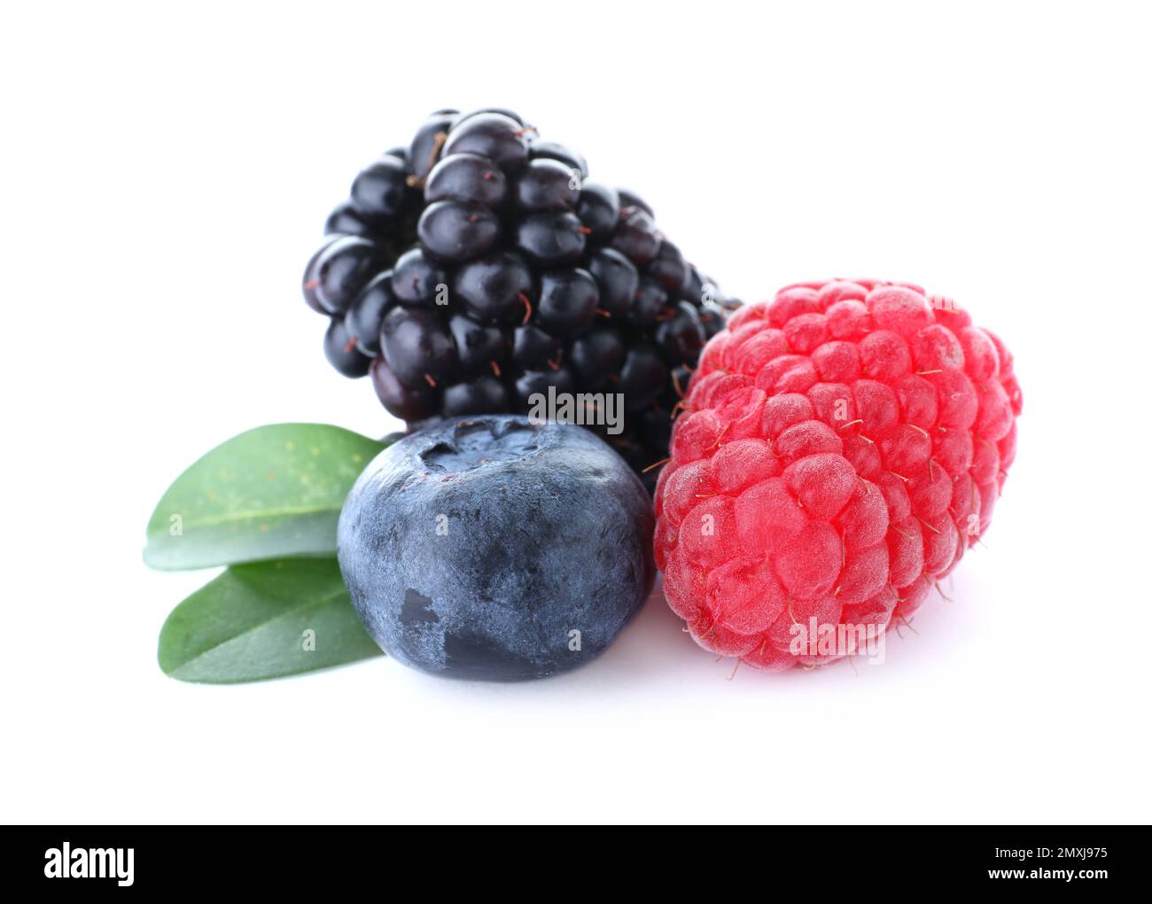 Different ripe tasty berries with green leaves on white background ...