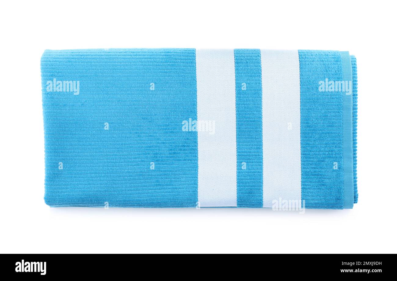 Blue towel isolated on white, top view. Beach object Stock Photo - Alamy