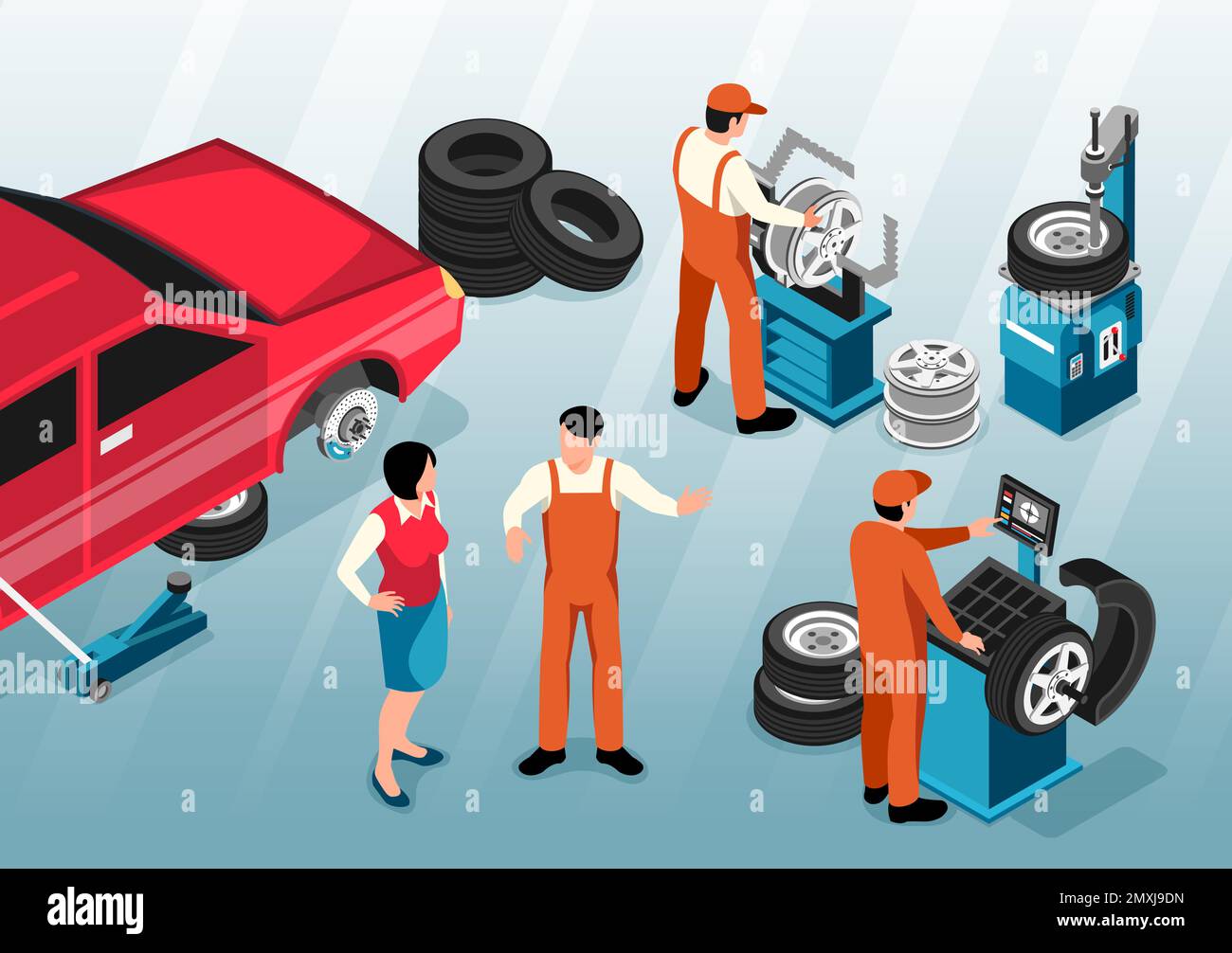 Isometric car repair concept with computer spare parts diagnostics ...
