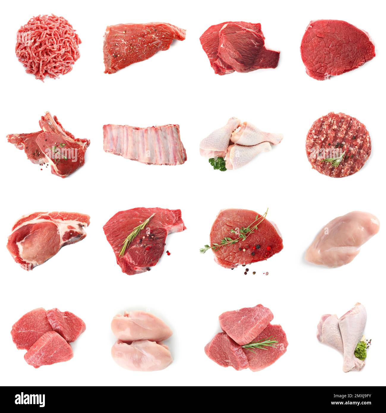 Set with different raw meat on white background, top view Stock Photo ...