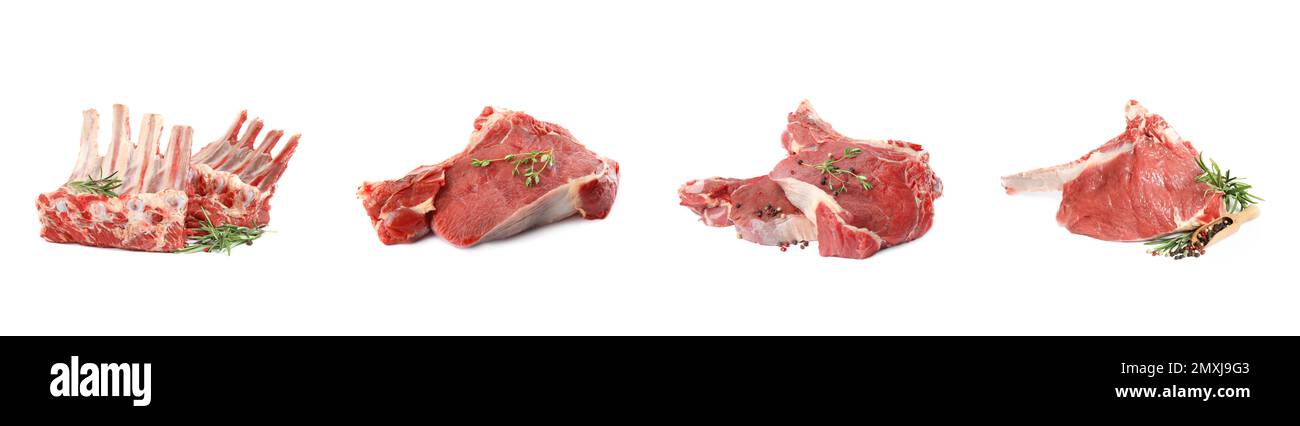 Set with raw meat on white background. Banner design Stock Photo - Alamy