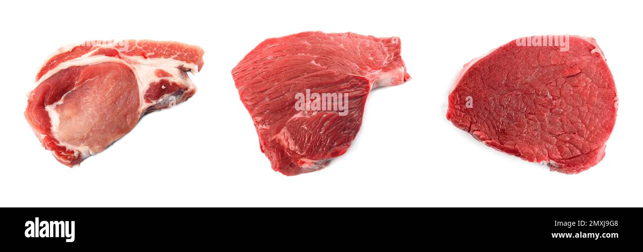 Set with raw meat on white background, top view. Banner design Stock ...
