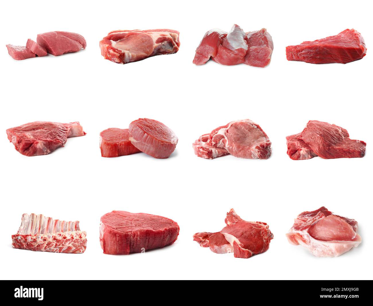 Set with raw meat on white background Stock Photo - Alamy