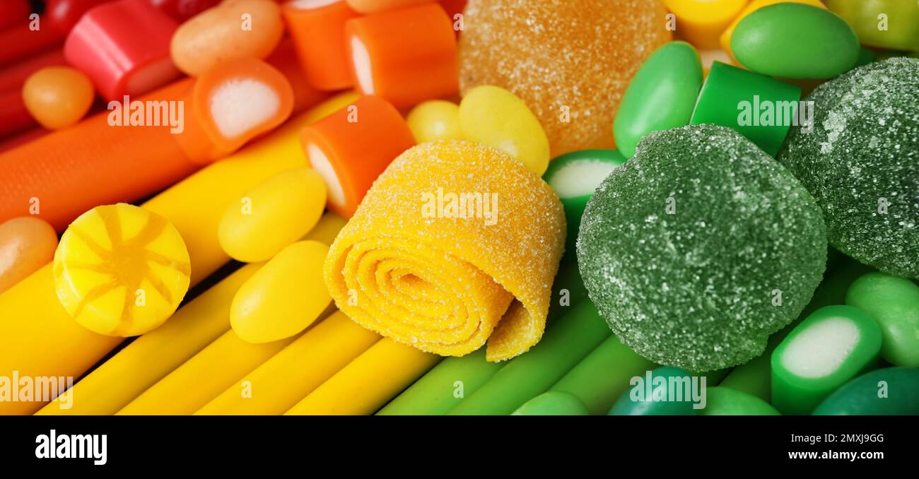 Delicious colorful chewing candies as background. Banner design Stock ...